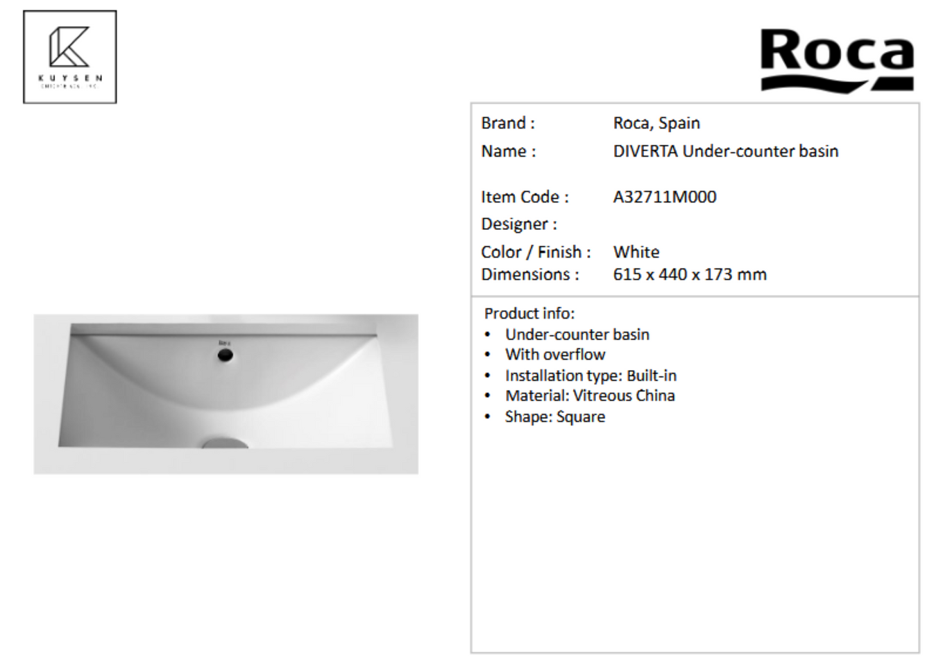 Roca Diverta undercounter basin 615x440m A32711M000 – kuysenstore