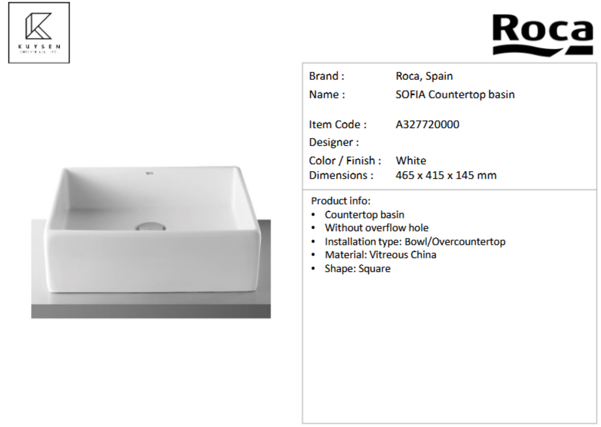 Roca Sofia over-countertop basin A327720000 – kuysenstore